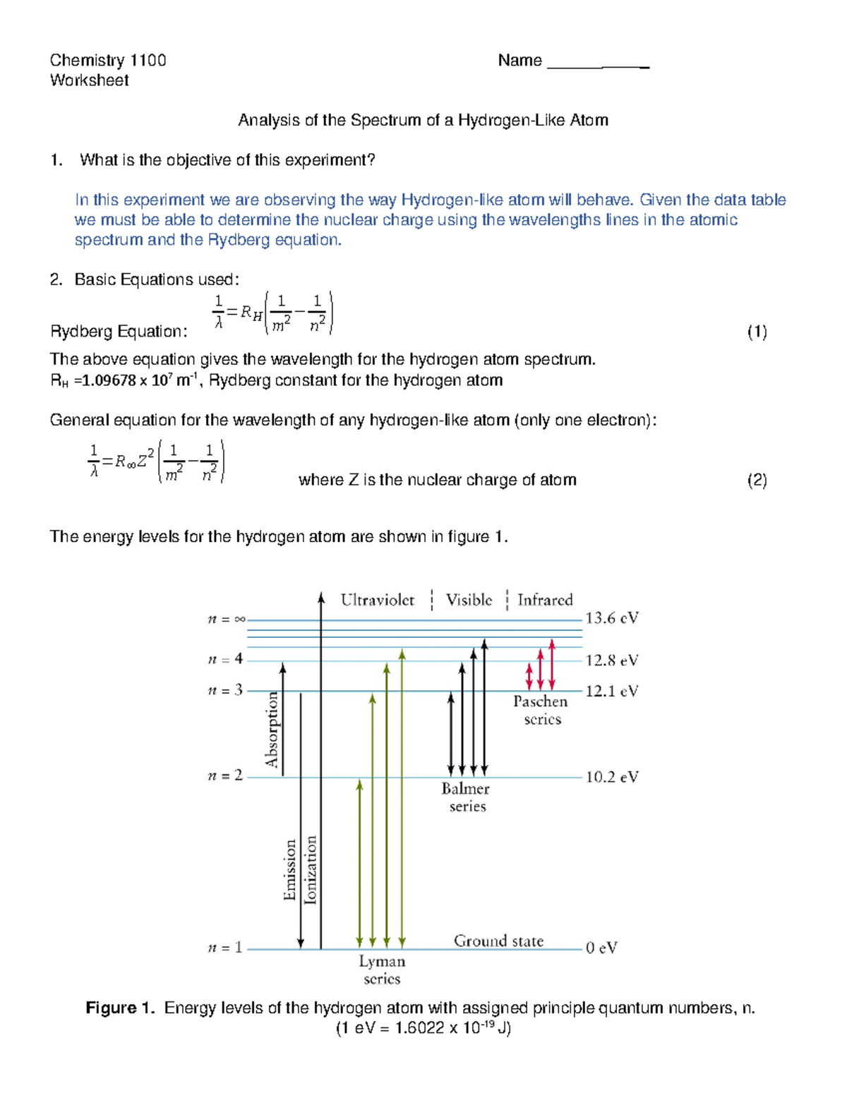 Worksheet -Analysis of a Spectrum of a H-Like atom W 5 - Chemistry 1100 ...