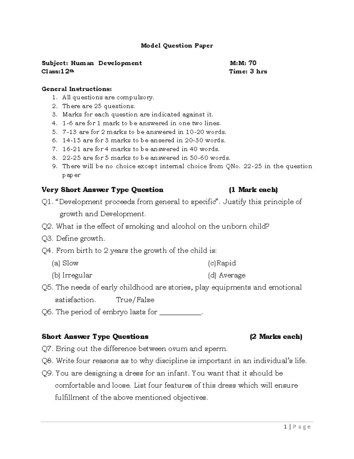 Human Development Modelpaper 12th - 1 | P a g e Model Question Paper ...