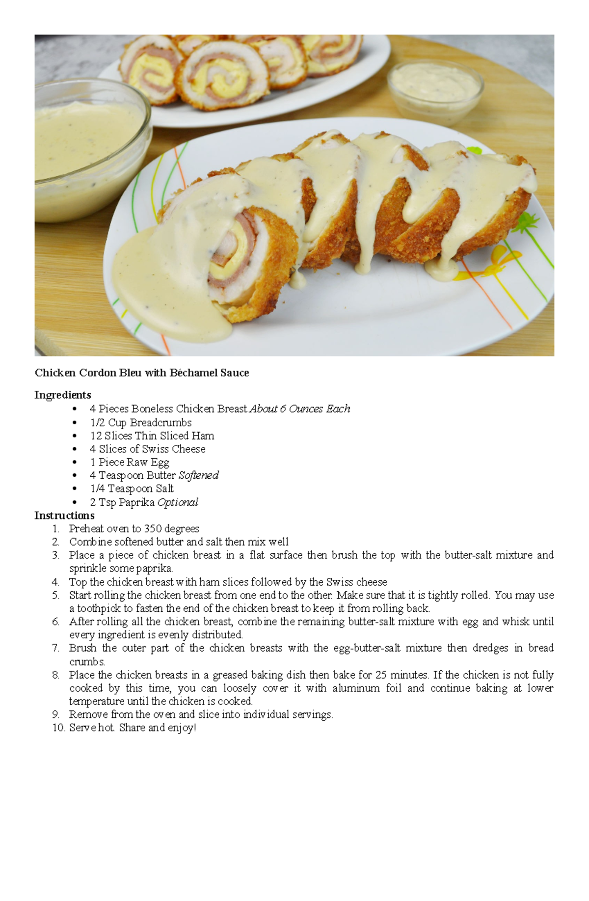 Chicken Cordon Bleu with Béchamel Sauce - Chicken Cordon Bleu with ...