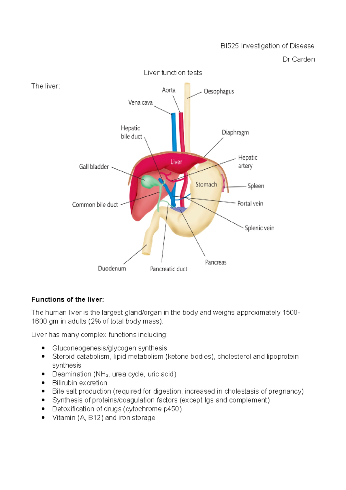 Liver function tests - Lectures notes - BI525 Investigation of Disease ...