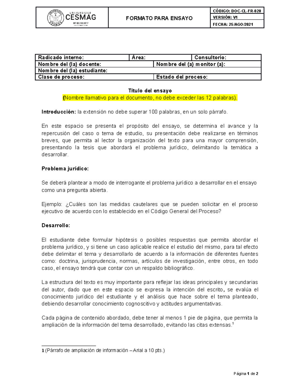 020 - Formato DE Ensayo - FORMATO PARA ENSAYO CÓDIGO: DOC-CL-FR ...