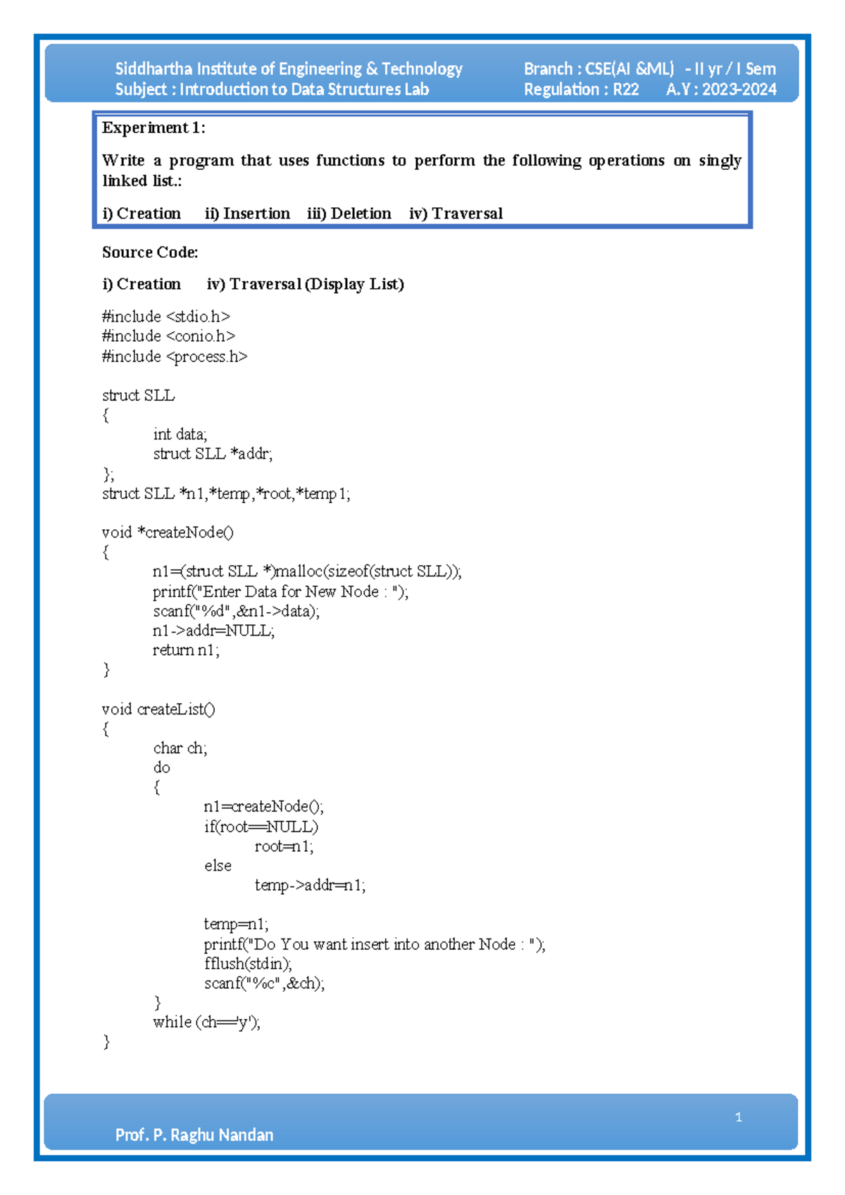 IDS LAB Record - Subject : Introduction to Data Structures Lab Regulation : R22 A : 2023 ...