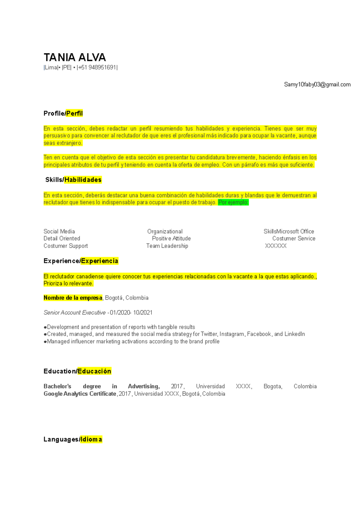 CV Canadiense 2022 - CV GUIA - TANIA ALVA |Lima|• |PE| • |+51 948951691 ...