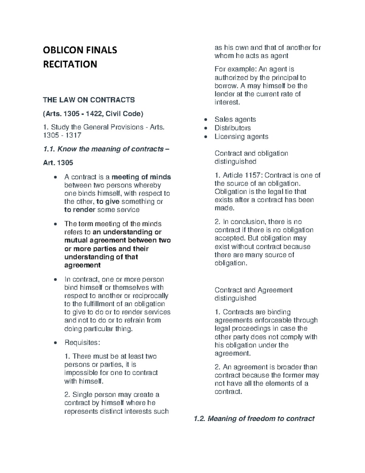 Obligation and Contracts Finals- Recitation - OBLICON FINALS RECITATION ...