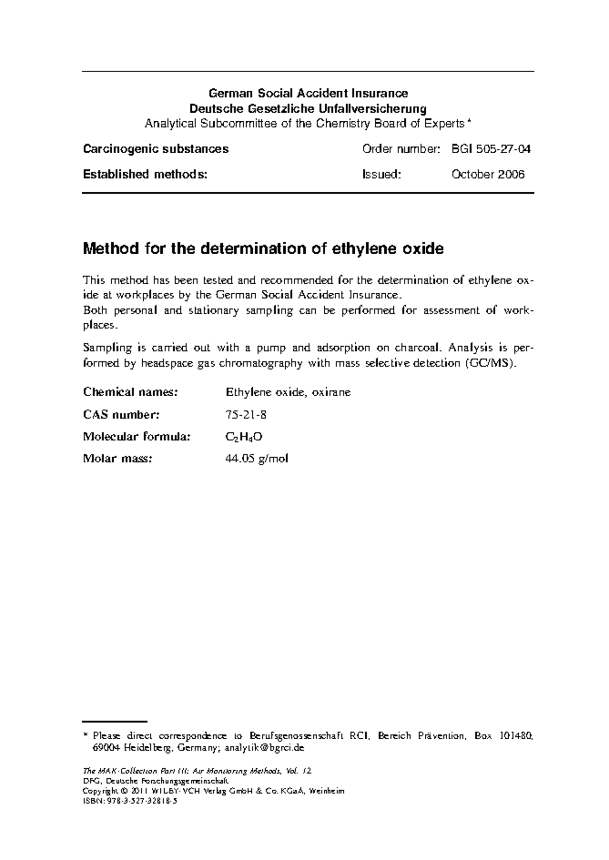Method for the determination of ethylene oxide - Both personal and ...