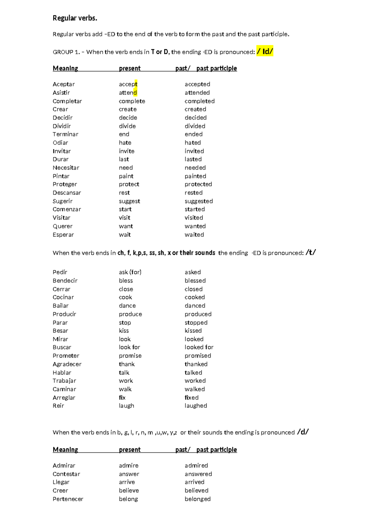 Regular verbs (8) - Regular verbs. Regular verbs add –ED to the end of ...