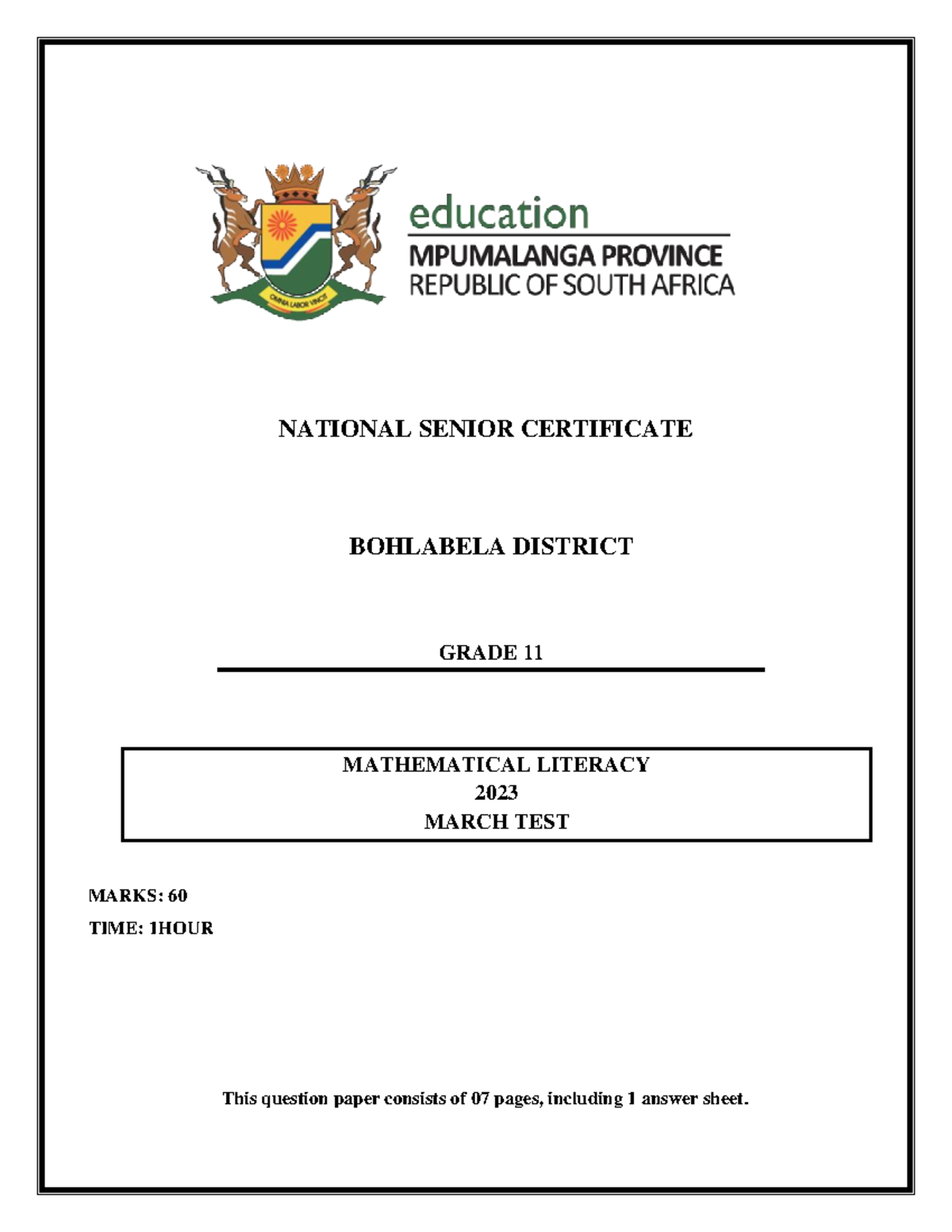 2023 Grade 11 March test - NATIONAL SENIOR CERTIFICATE BOHLABELA ...