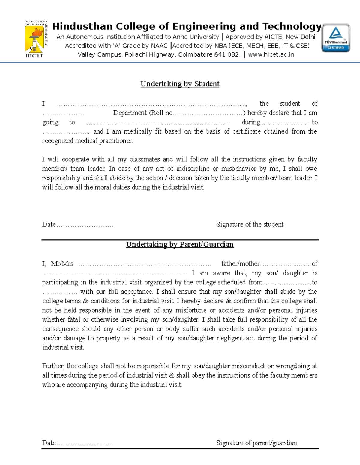 Format for Industrial Visit - Hindusthan College of Engineering and ...