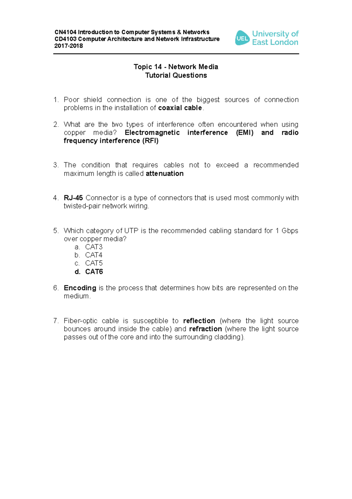 Tutorial Topic 14 - CN4104 Introduction to Computer Systems & Networks ...