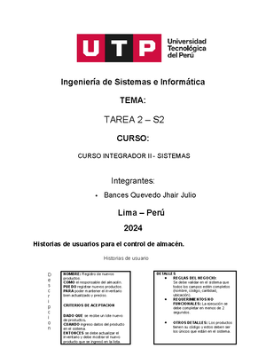 Tarea 2- S1 Integrador II - Ingeniería de Sistemas e Informática TEMA: TAREA 2 – S CURSO: CURSO ...