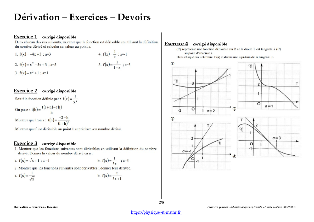 Derivation exercices - Dérivation – Exercices – Devoirs Exercice 1 corrigé disponible Exercice 2 ...