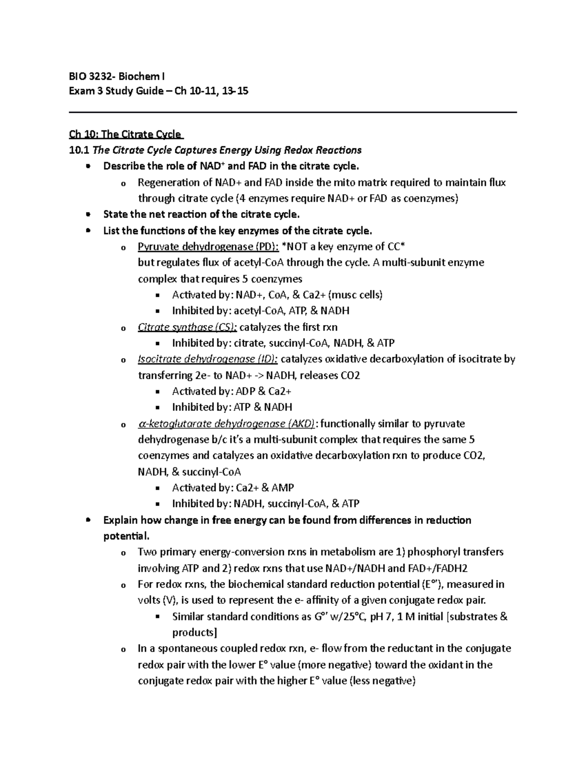 BIO 3232 Exam 3 Study Guide - BIO 3232- Biochem I Exam 3 Study Guide ...