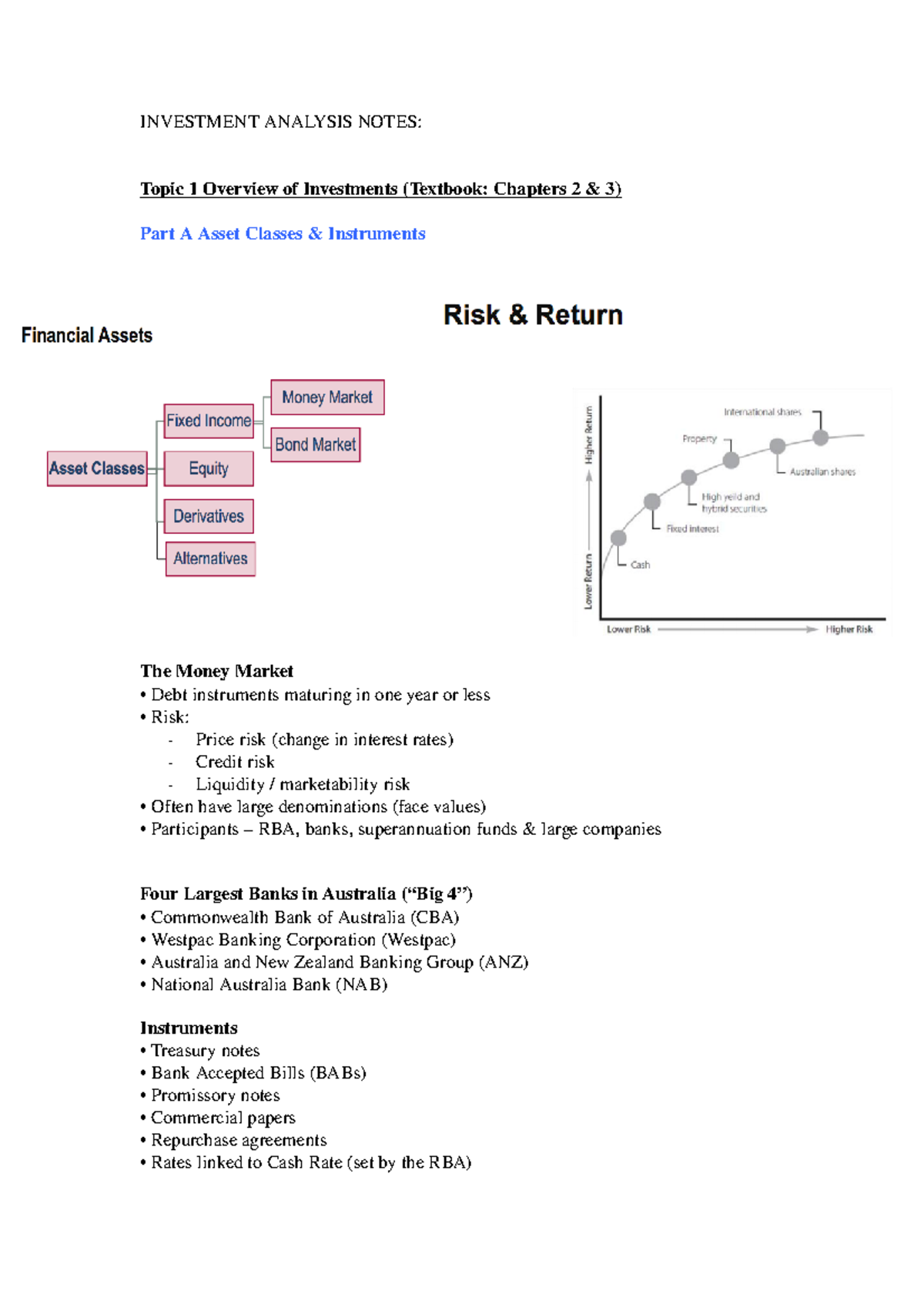 Investment Analysis Notes - INVESTMENT ANALYSIS NOTES: Topic 1 Overview ...