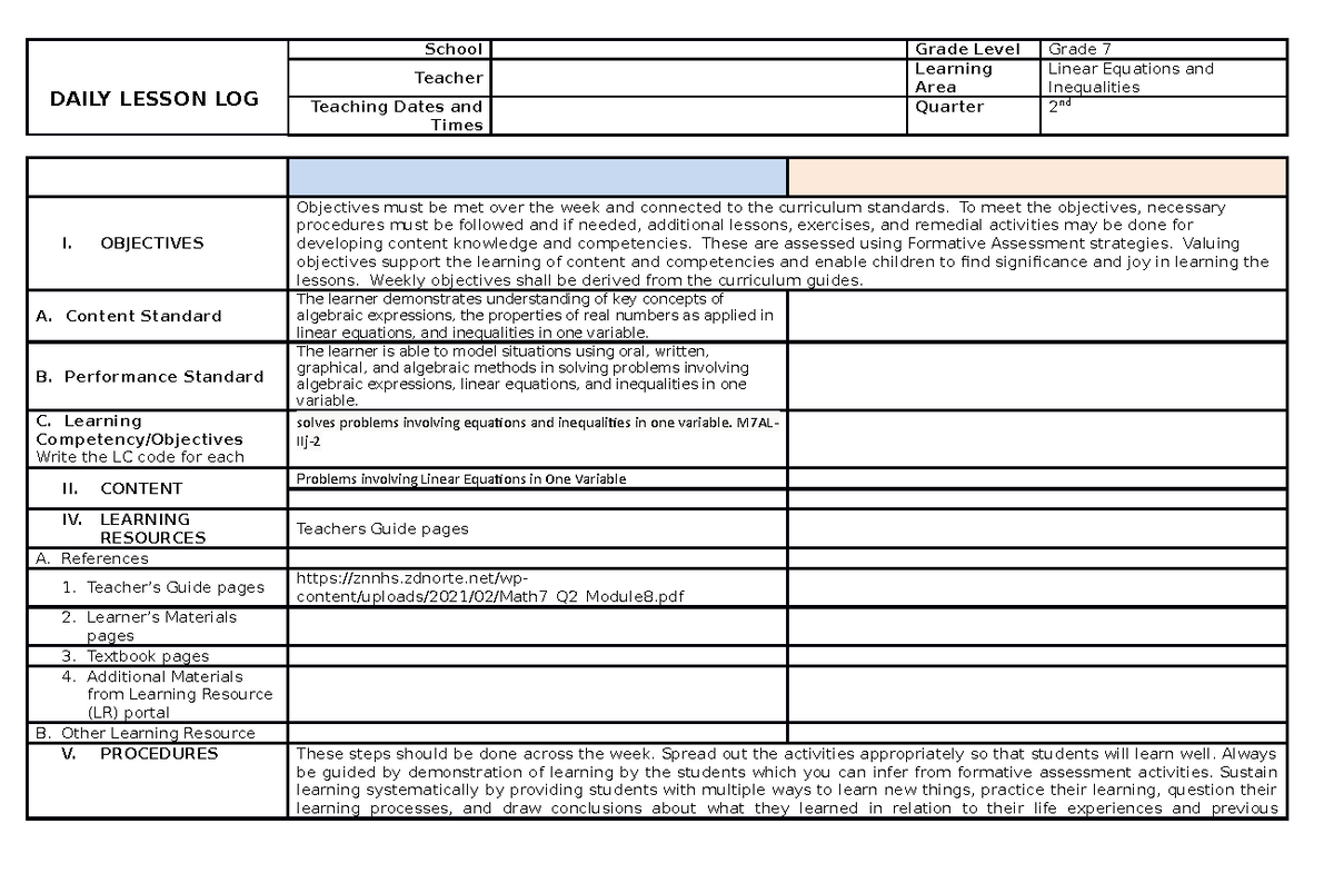 DLL bon final - lesson plan in mathematics - DAILY LESSON LOG School ...