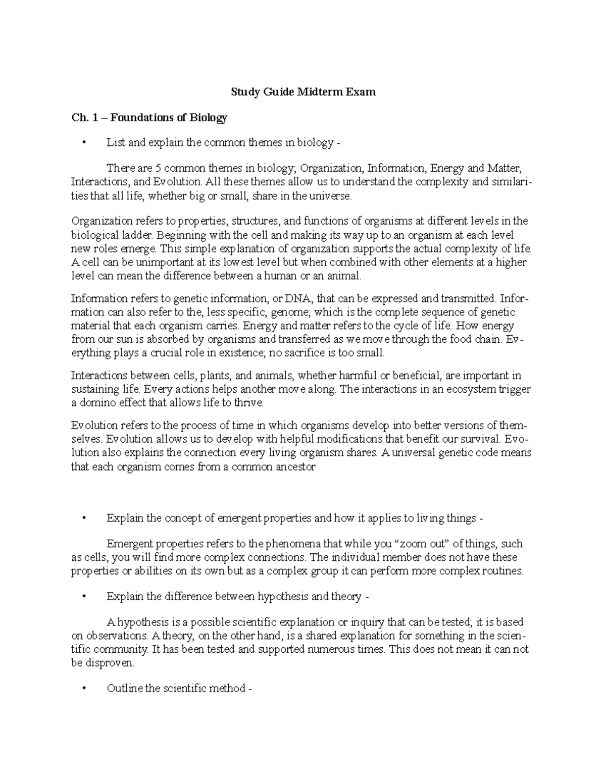 BIO Midterm 1-5 - Lecture notes 1-5 - Study Guide Midterm Exam Ch. 1 ...