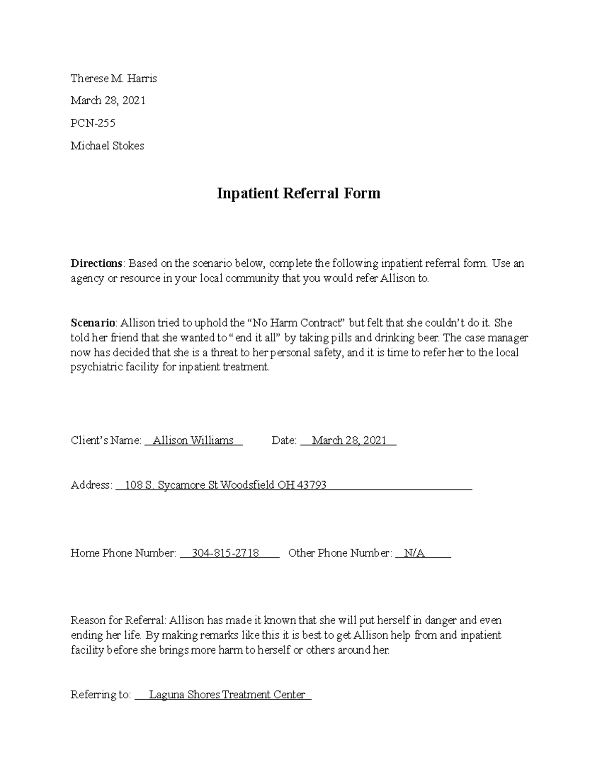 Inpatient Referral Form ( Therese) - Therese M. Harris March 28, 2021 ...