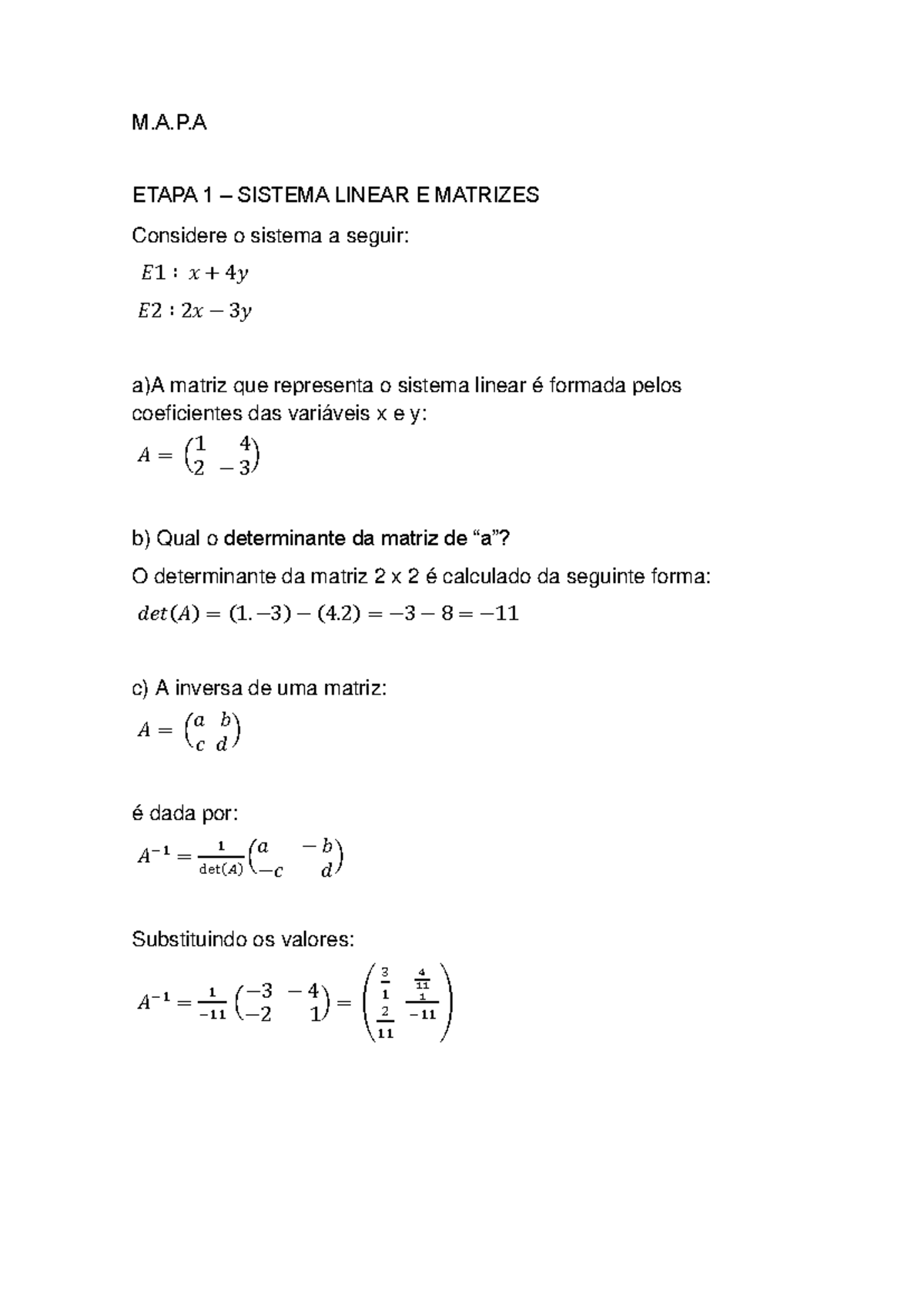 MAPA - Geometria Analítica E Álgebra Linear - M.A.P ETAPA 1 – SISTEMA LINEAR E MATRIZES ...