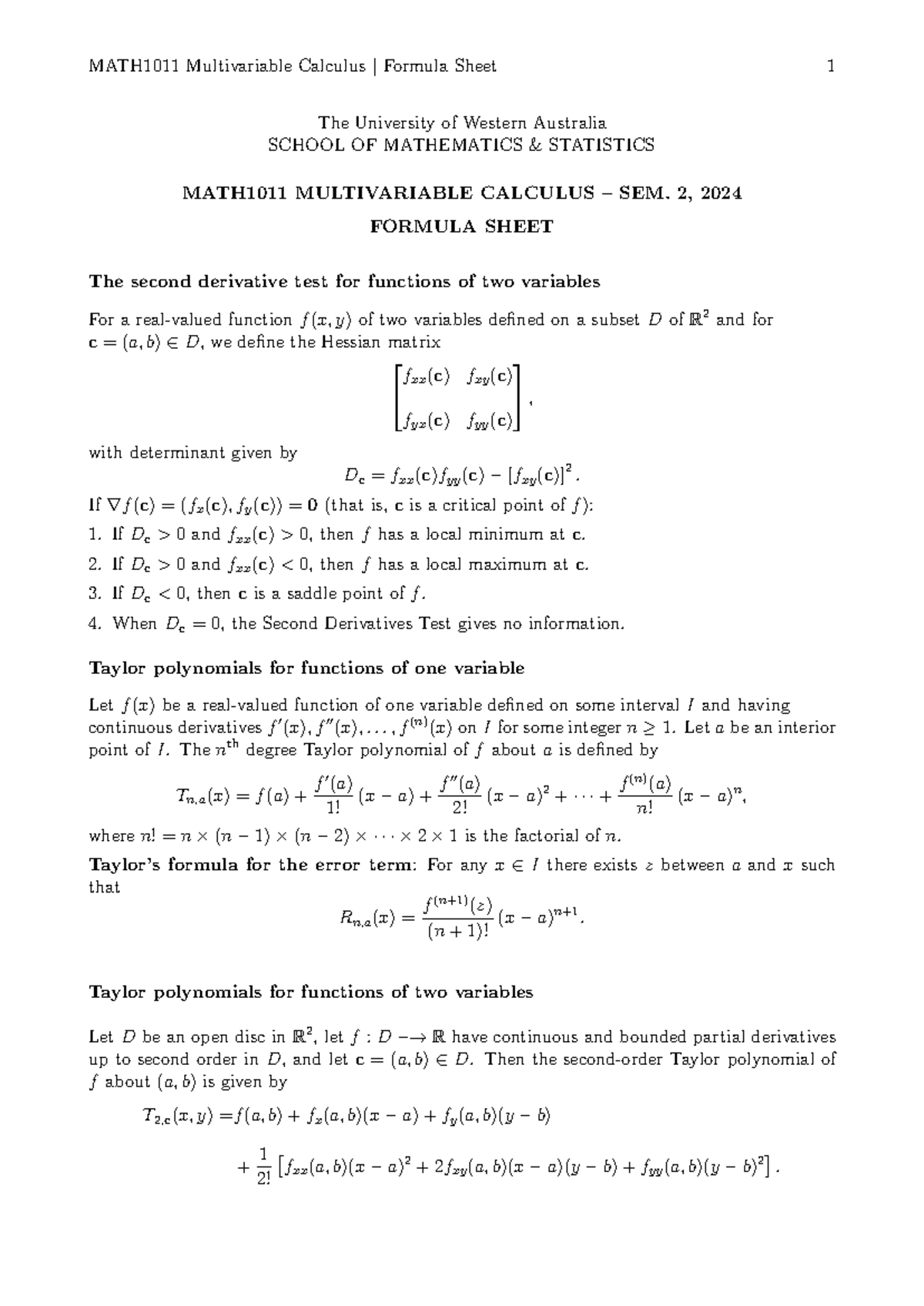 MATH1011 Formula Sheet 24 - The University of Western Australia SCHOOL OF MATHEMATICS & - Studocu