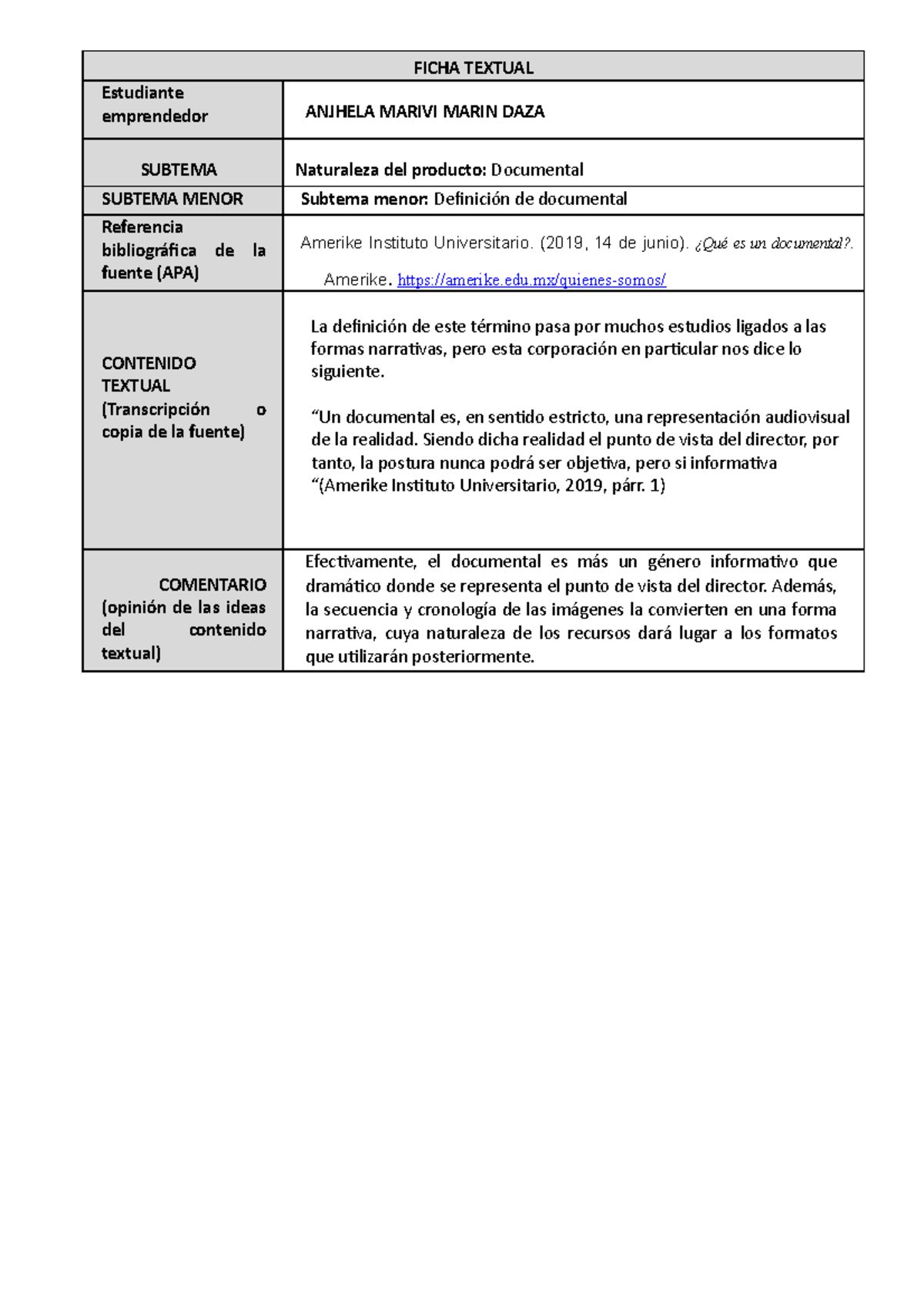 Ficha Textual - FICHA TEXTUAL Estudiante emprendedor ANJHELA MARIVI ...