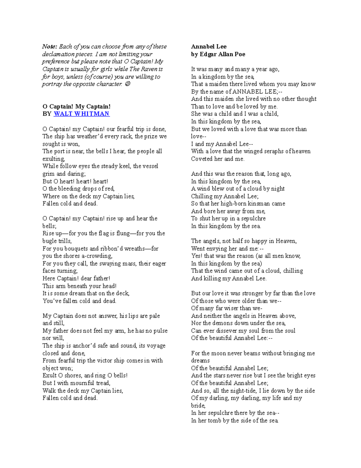 Declamation-Pieces - ......... - Note: Each of you can choose from any ...