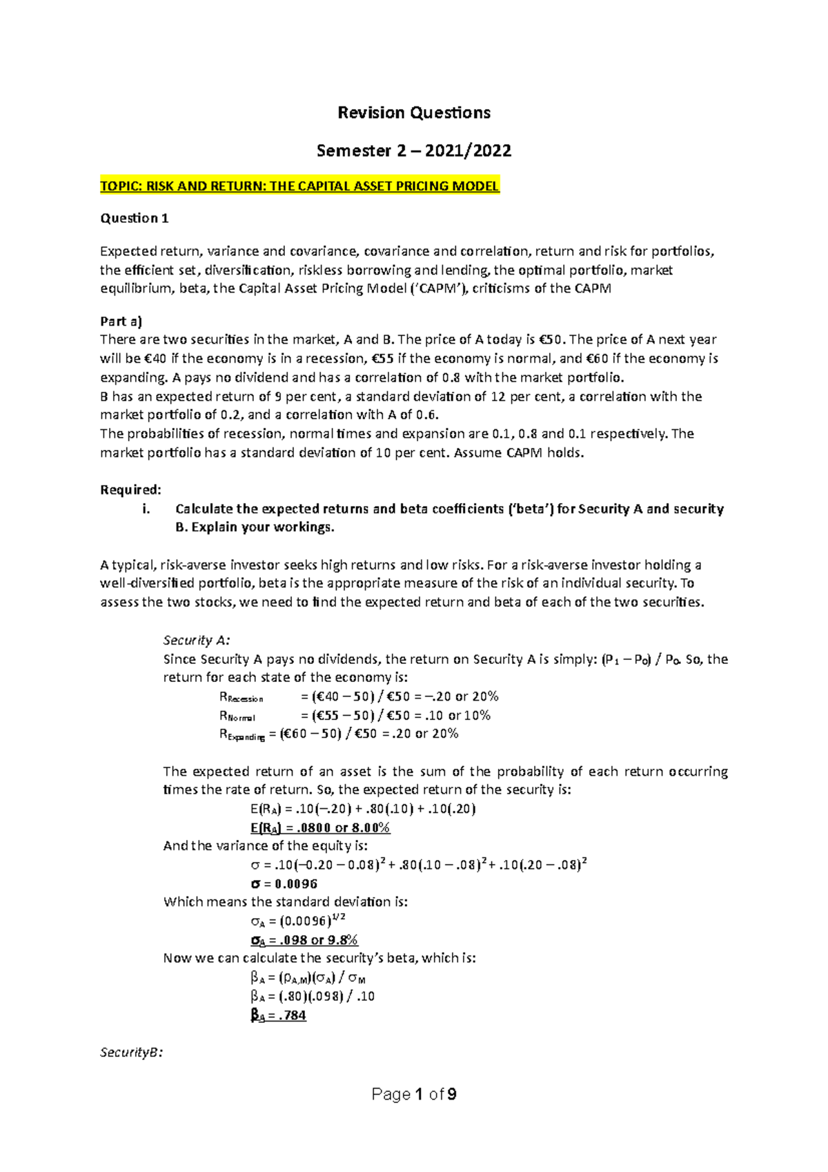Semester 2 Revision - Revision Questions Semester 2 – 2021/ TOPIC: RISK ...