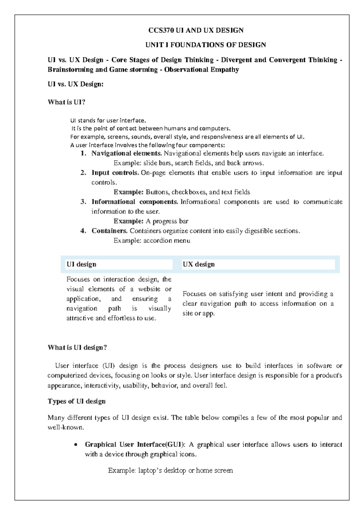 Ui Ux Full Notes Ccs370 Ui And Ux Design Unit I Foundations Of Design Ui Vs Ux Design Core 8974