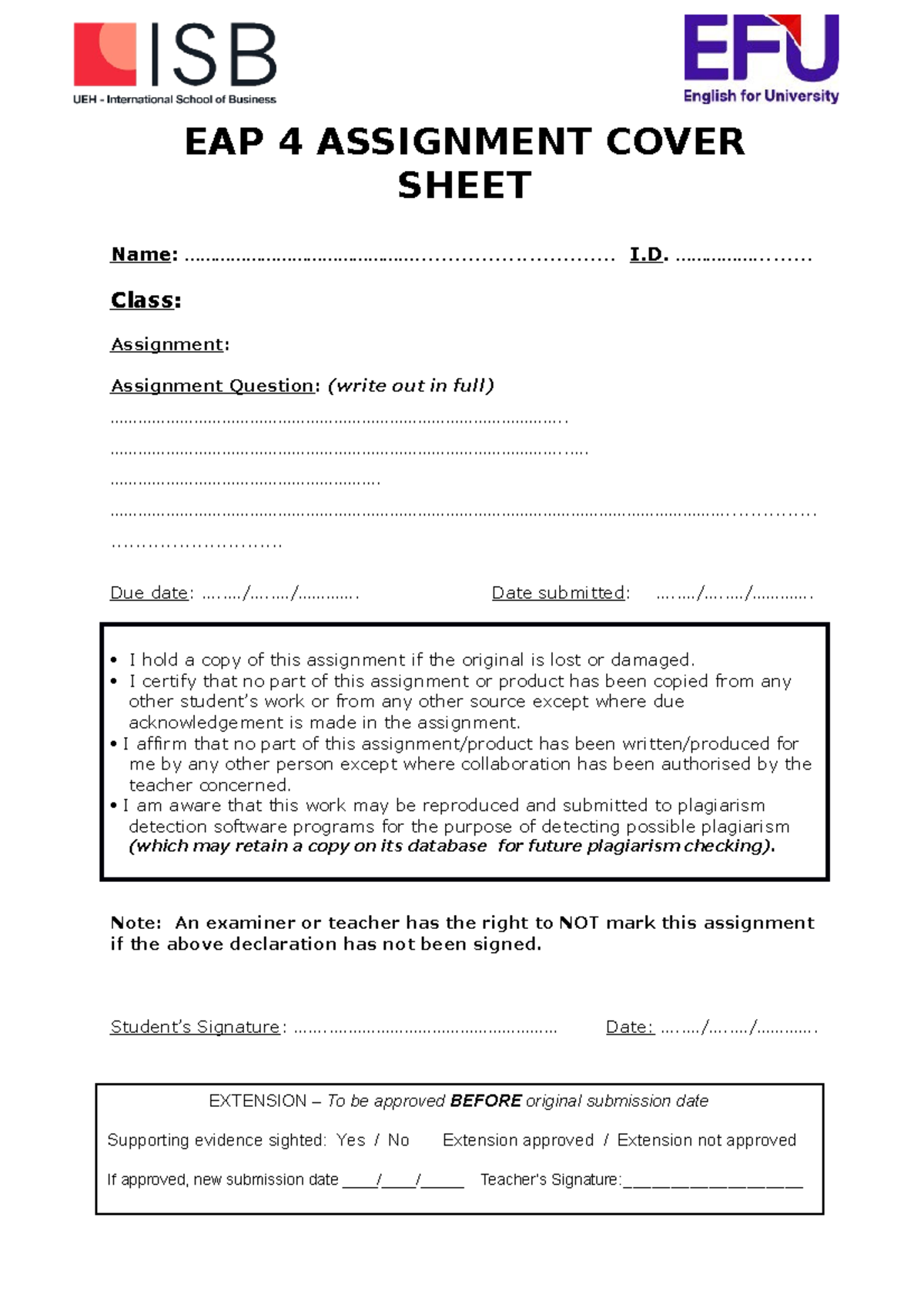EAP4 Assignment cover sheet - EAP 4 ASSIGNMENT COVER SHEET Name: - Studocu