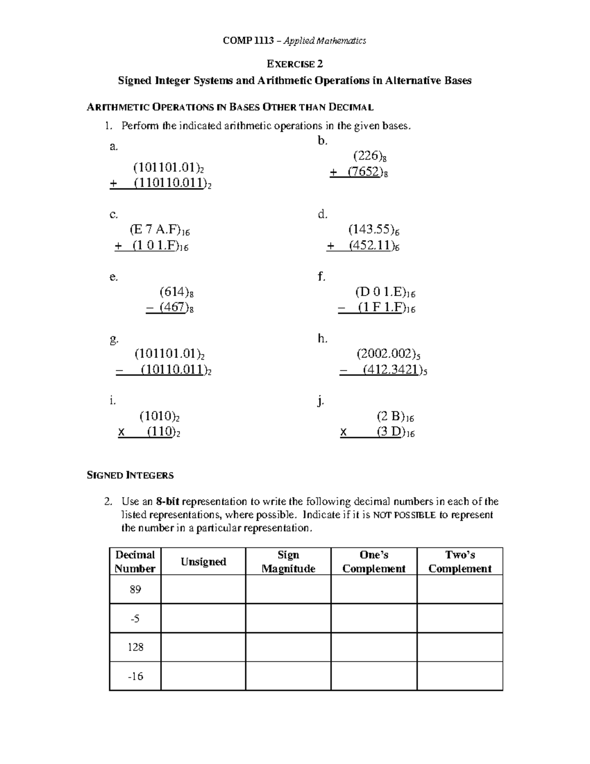 Exercise 2 - Signed Integer Systems - COMP 1113 – Applied Mathematics EXERCISE 2 Signed Integer ...