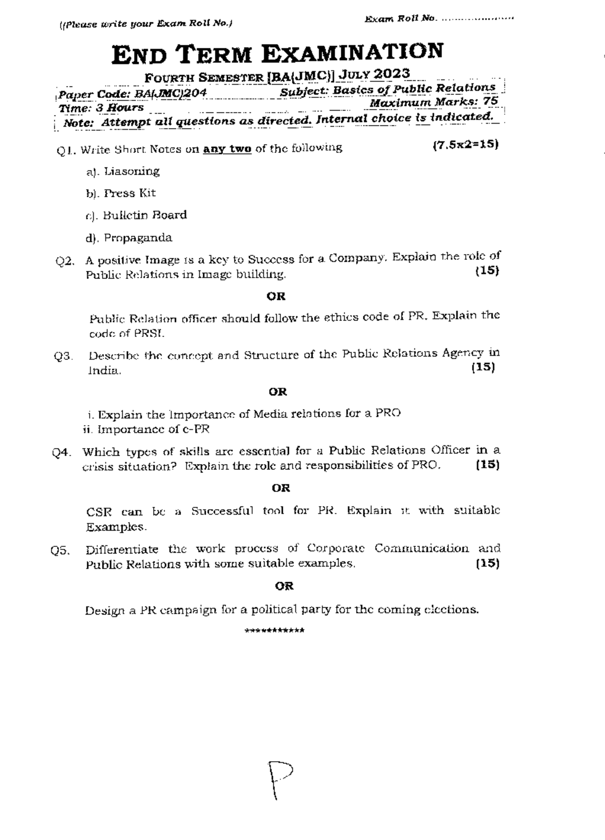 Public Relation External 2023 - (Please write your Exam Roll No.) Paper Code: BA(JMC) Time: 3 ...