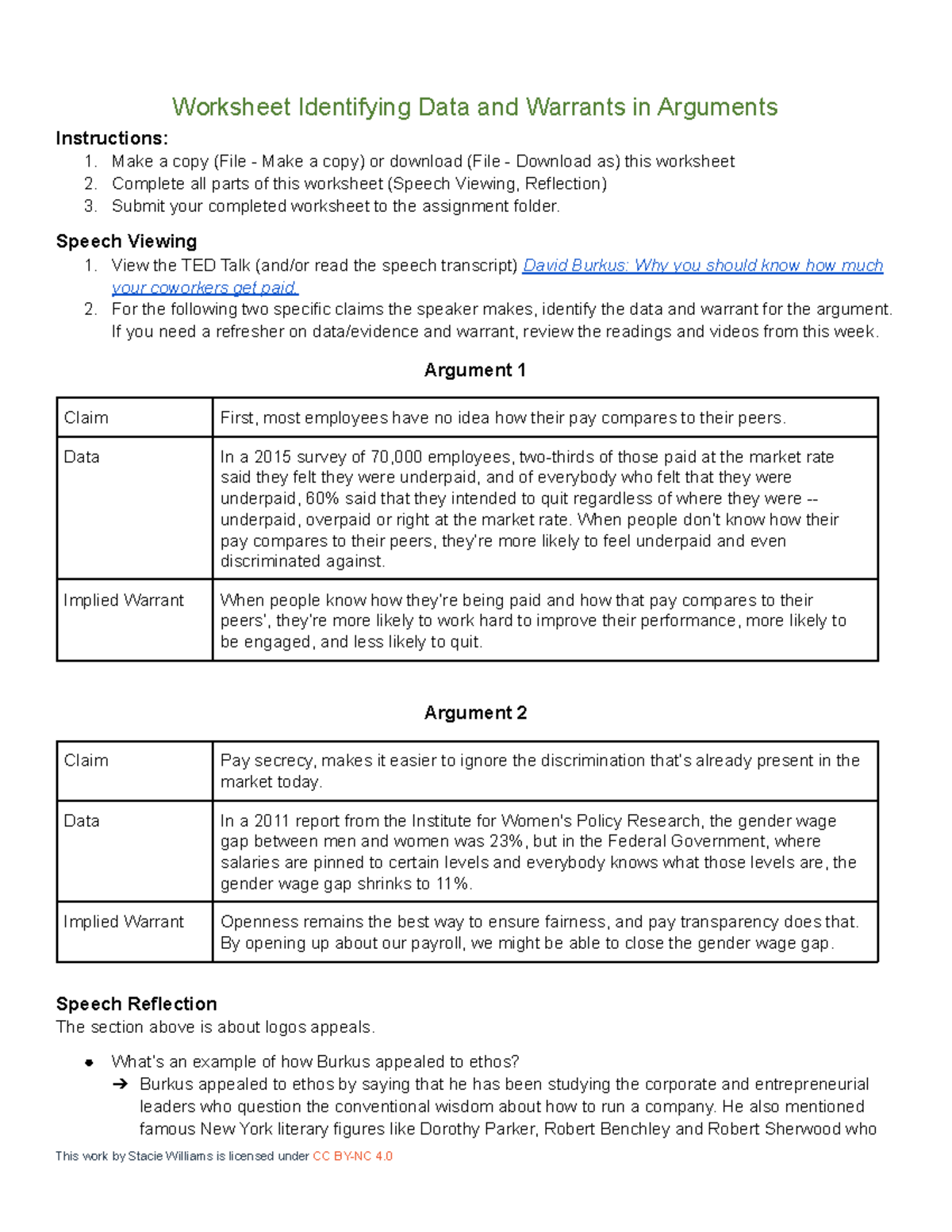 COMM 111 - Worksheet Identifying data and warrants in arguments ...