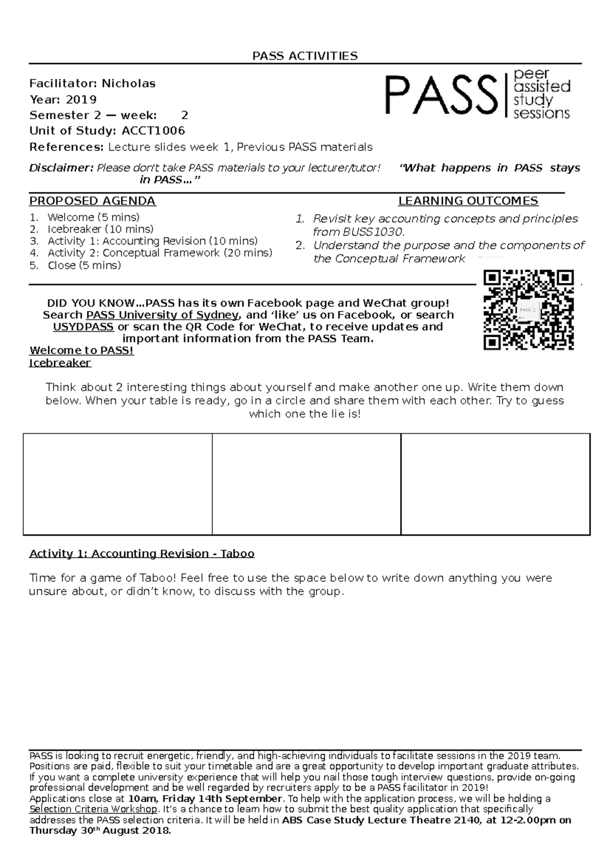 Session 1, Week 2, Conceptual Framework - PASS ACTIVITIES Facilitator ...
