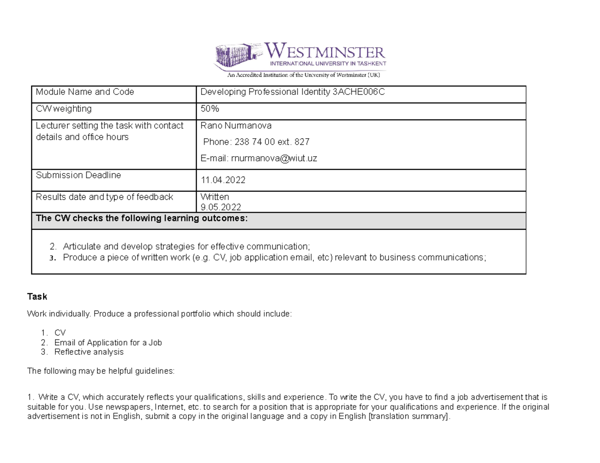 DPI CW2 2021-2022 Description and Assessment Criteria - Module Name and ...