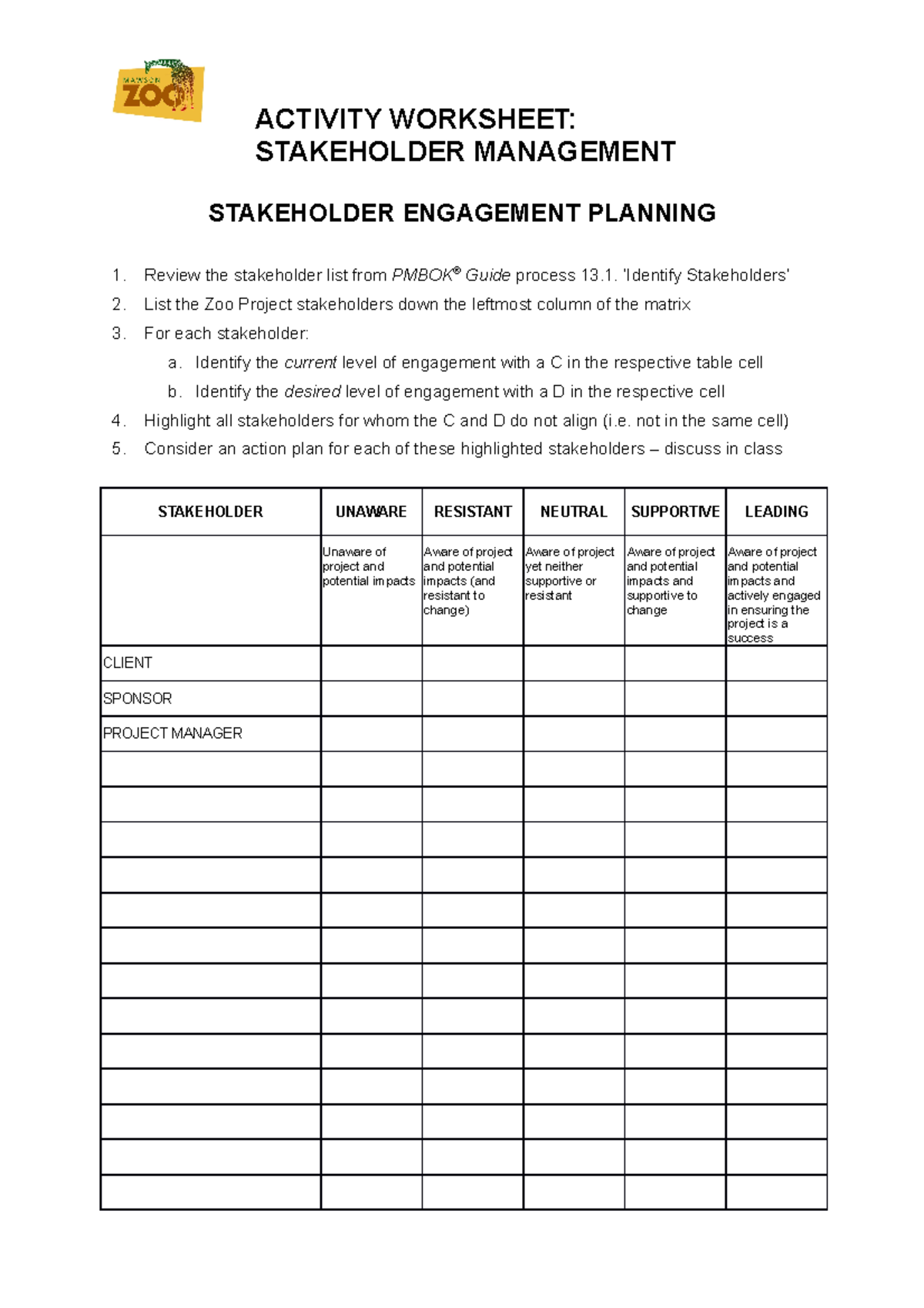Week 06 Stakeholder Planning lecture - ACTIVITY WORKSHEET: STAKEHOLDER ...