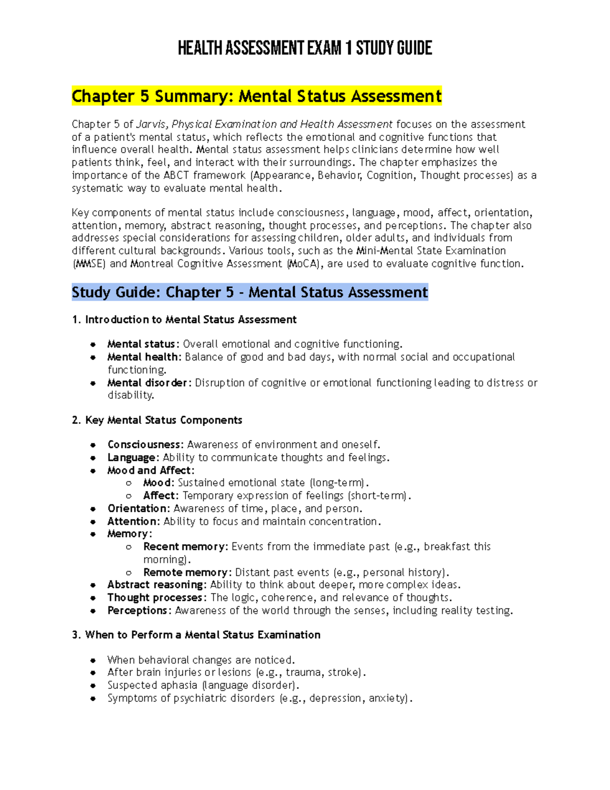 H.A. Exam 1 Study Guide - Summary Physical Examination & Health ...