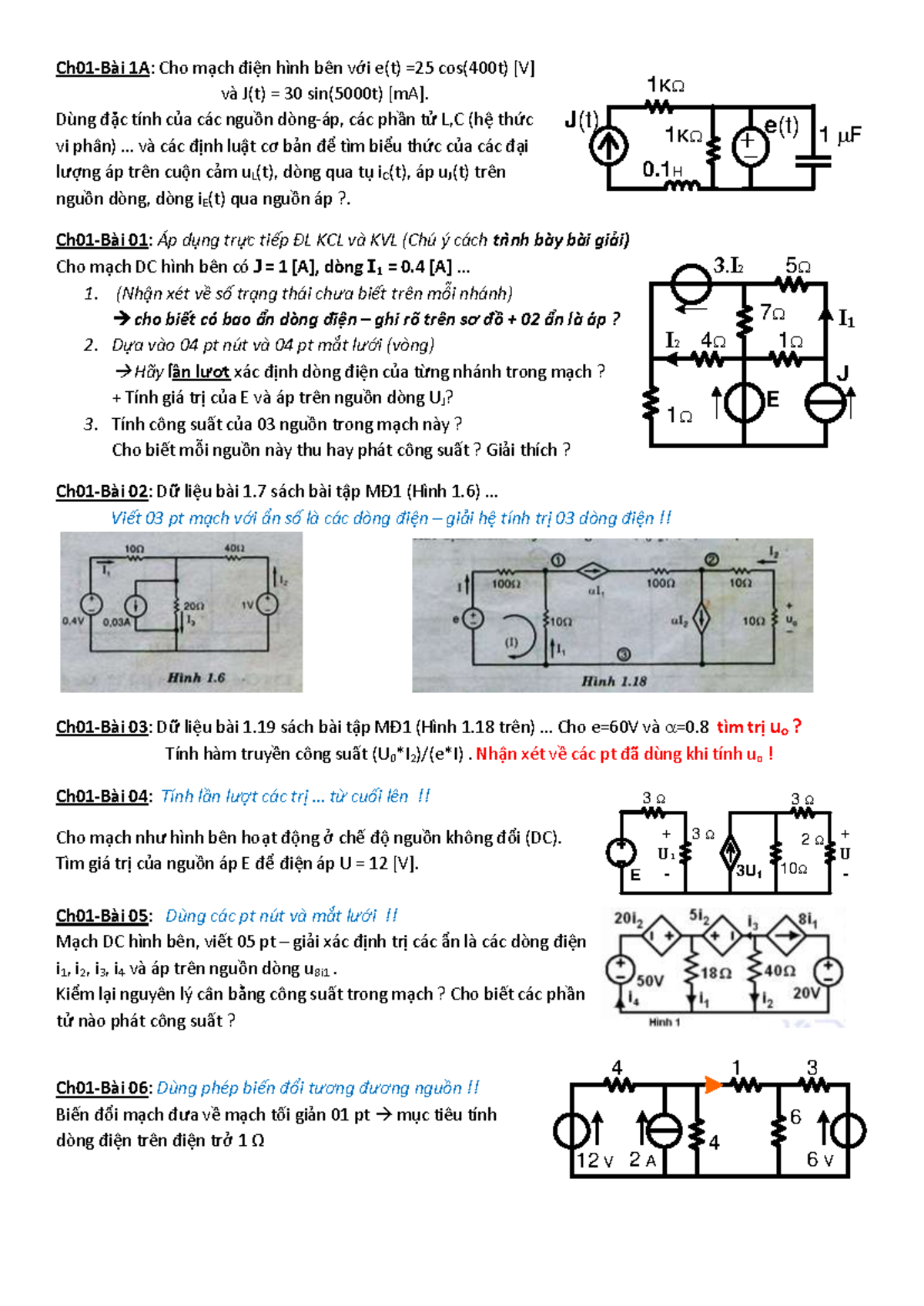 HW-Ch01 DA - HW-Ch01 DA - Ch01-Bài 1A: Cho mạch điện hình bên với e(t) =25 cos(400t) [V] và J(t ...