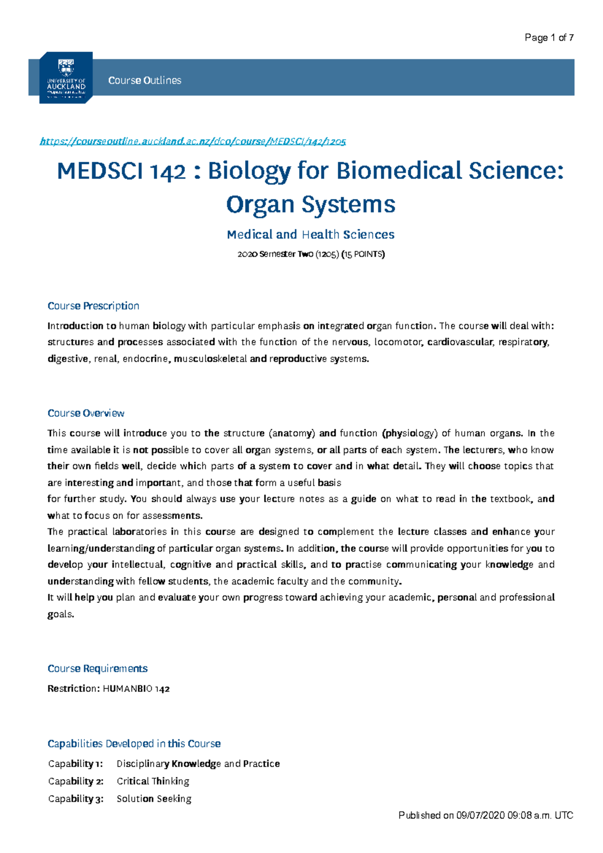 M Edsci 142 - 2020 Semester Two - Course Outline - CourseCourse ...