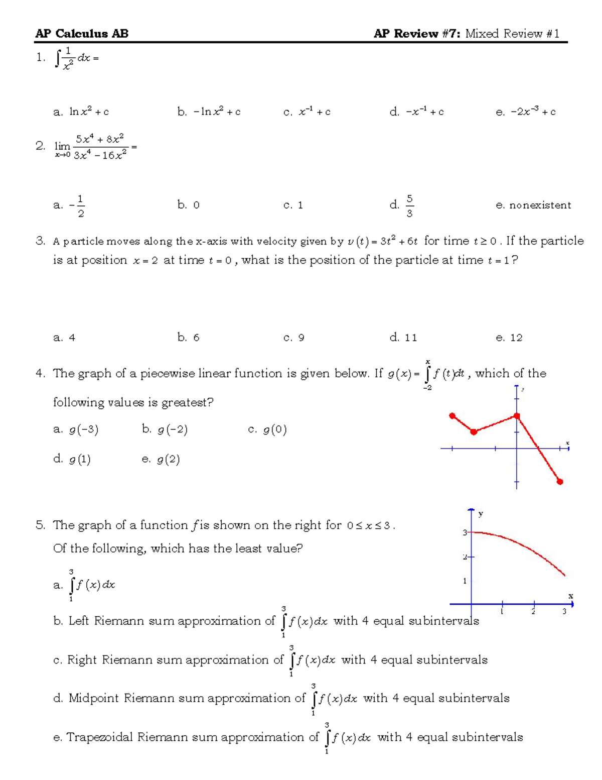 AP Review 7 - n/a - AP Calculus AB AP Review #7: Mixed Review 1. 2 1 dx ...