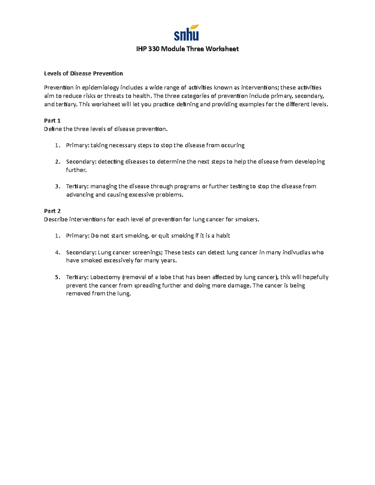 IHP 330 Module Three Worksheet - IHP 330 Module Three Worksheet Levels ...