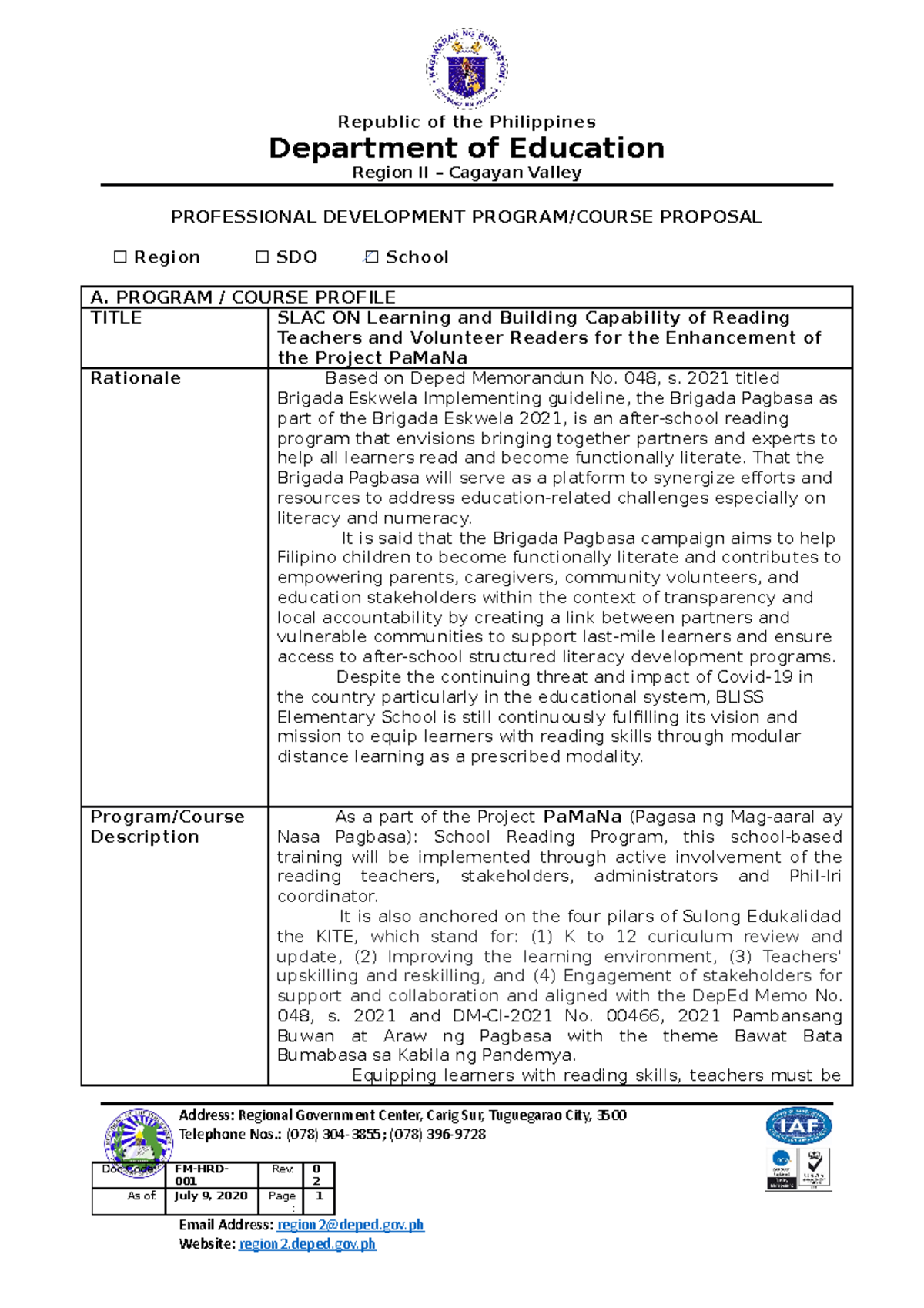 Proposal Template SLAC Reading English Studocu