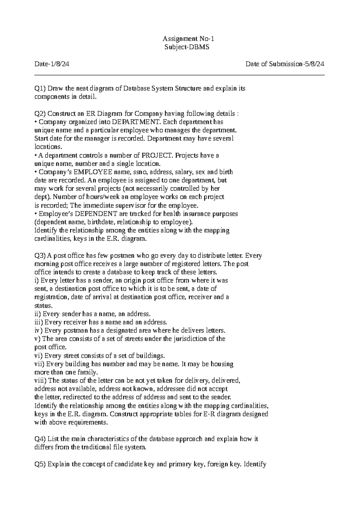 DBMS assignment 1 - No description - Assignment No- Subject-DBMS Date-1/8/24 Date of Submission ...