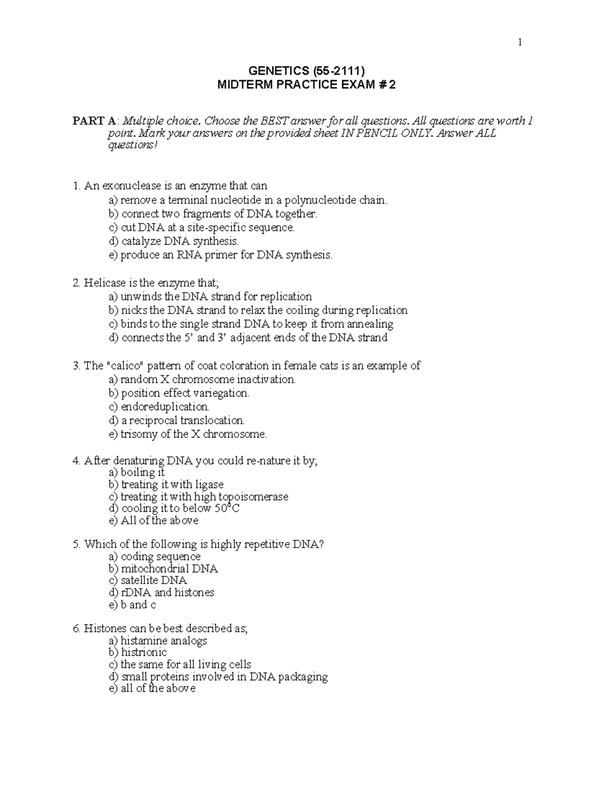 Genetics Midterm 2 Practice - GENETICS (55-2111) MIDTERM PRACTICE EXAM ...