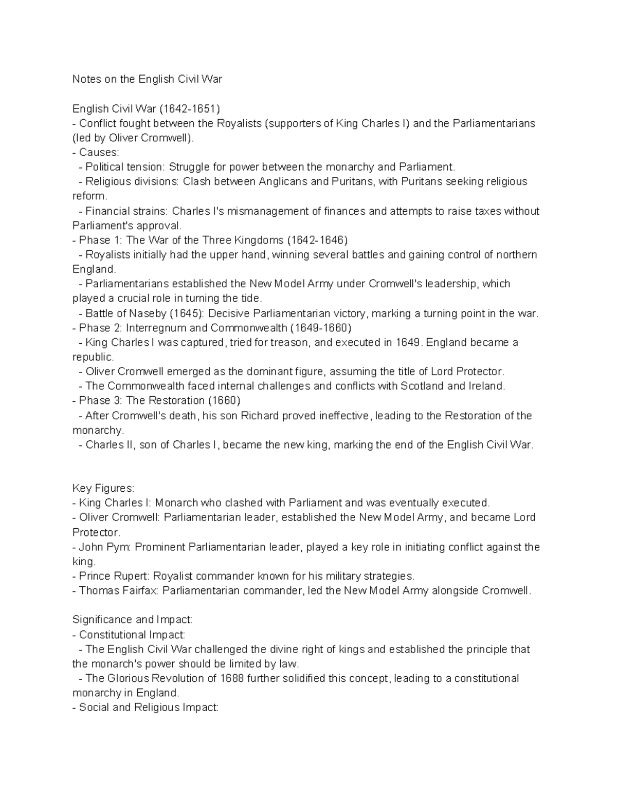 Notes on the English Civil War - Notes on the English Civil War English ...