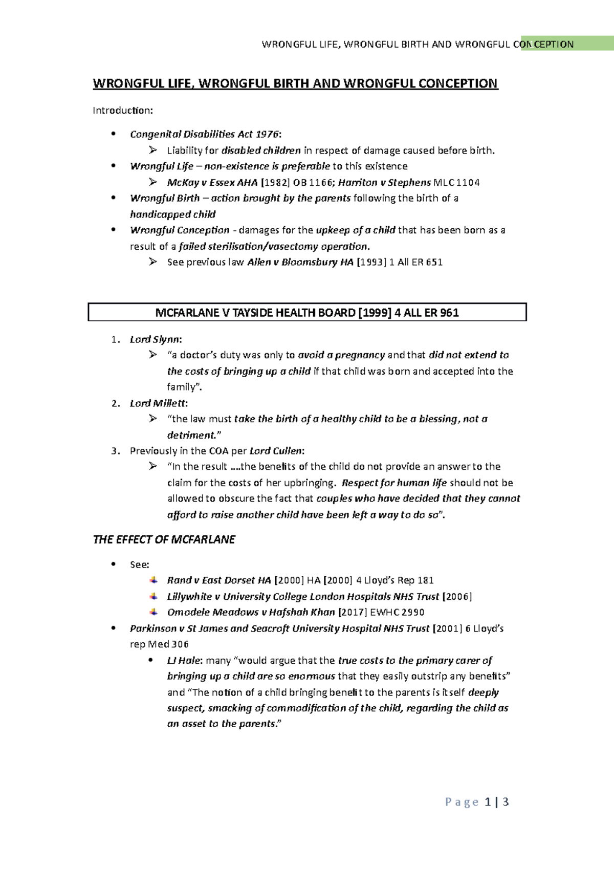 Wrongful LIFE - WRONGFUL LIFE, WRONGFUL BIRTH AND WRONGFUL CONCEPTION Introduction: Congenital ...