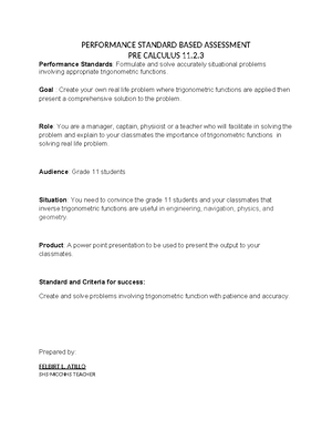 Pre-Calculus 11 - Performance Task - PERFORMANCE STANDARD BASED ...