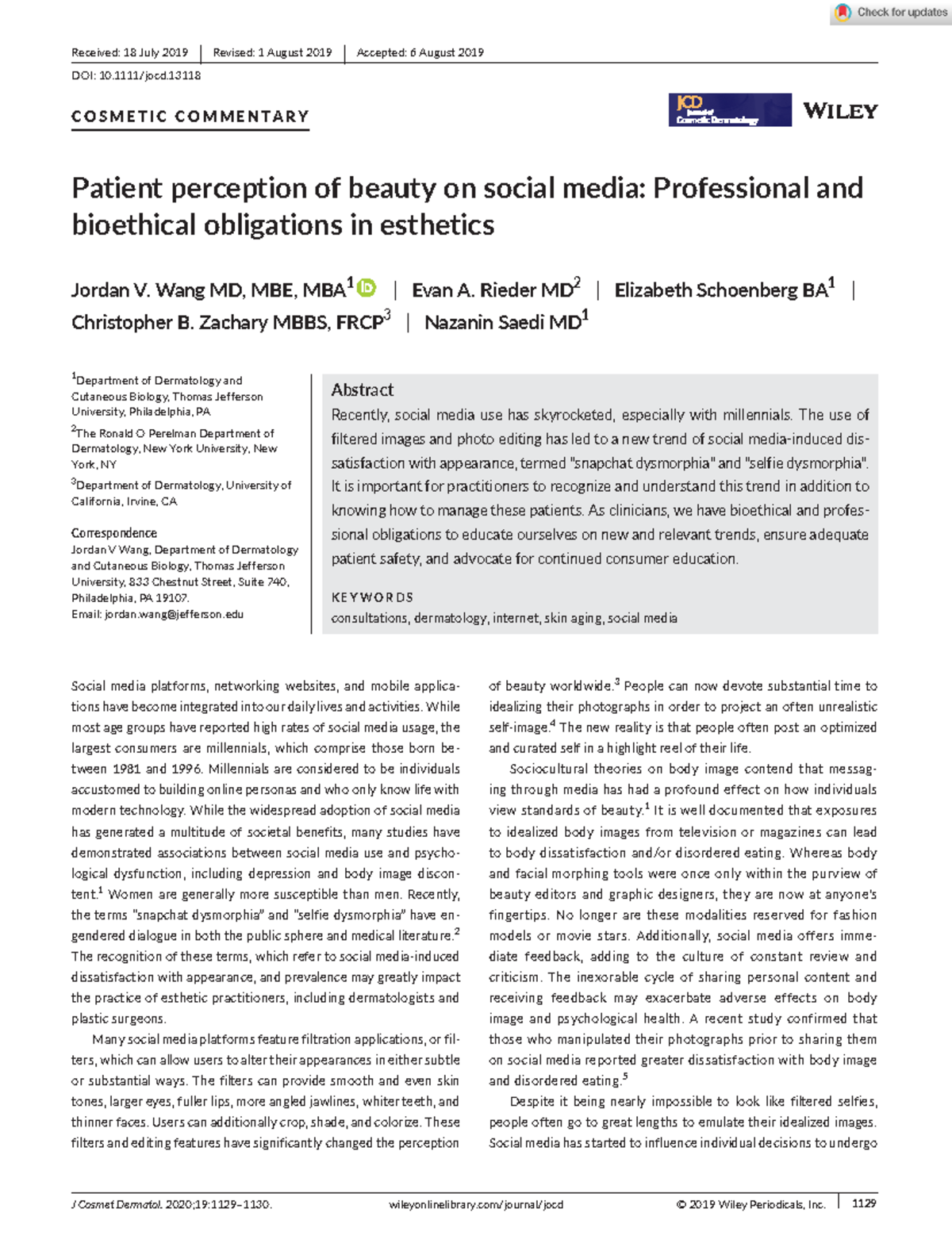 Patient perception of beauty on social media - J Cosmet Dermatol. 2020 ...