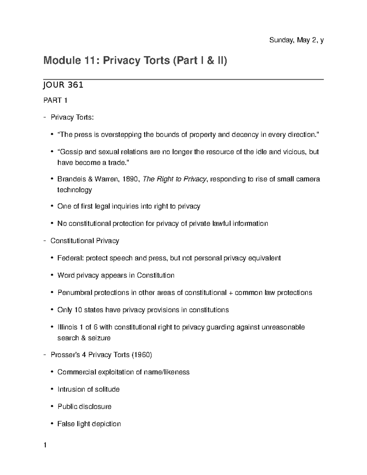 Module 11- Privacy Torts (Part I & II) - Sunday ,May2,y Modul e11:Pr i ...