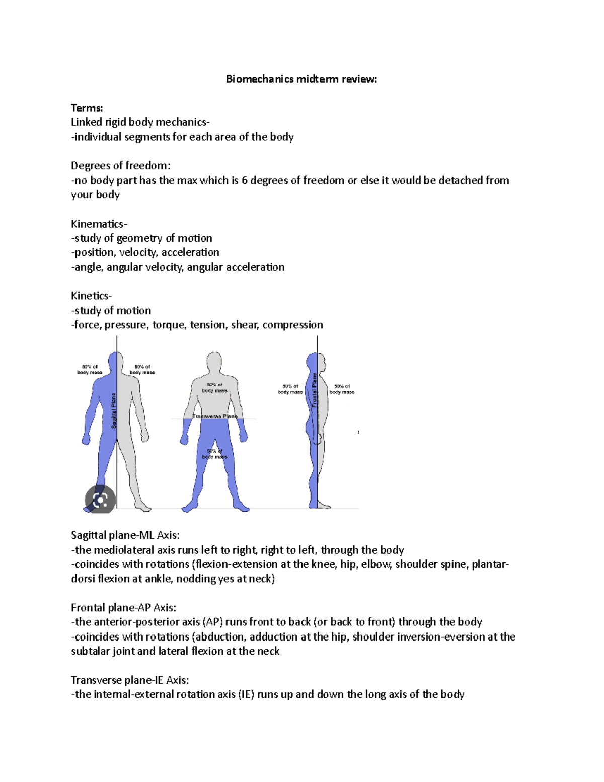 Biomechanics midterm review - Biomechanics midterm review: Terms ...