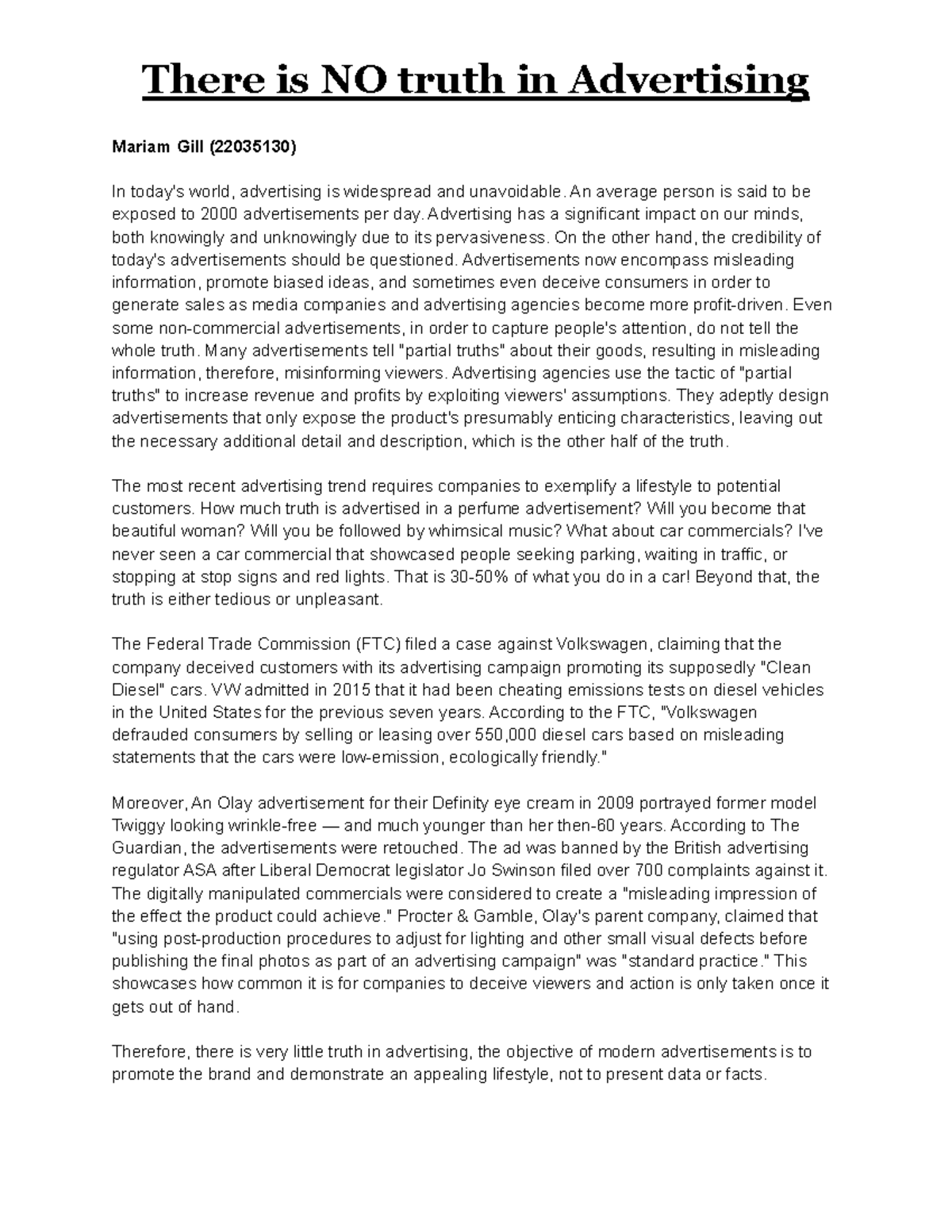 Written Debate - Assignment for advertising - There is NO truth in ...