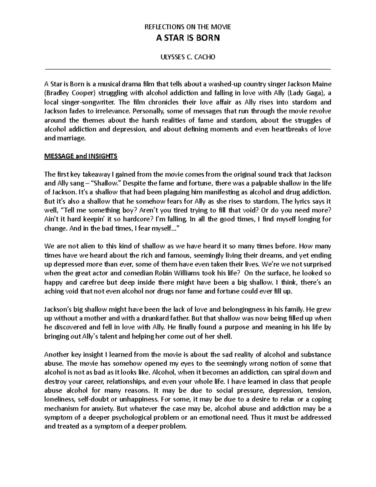 Psychological Insights on the movie A Star is Born - REFLECTIONS ON THE ...