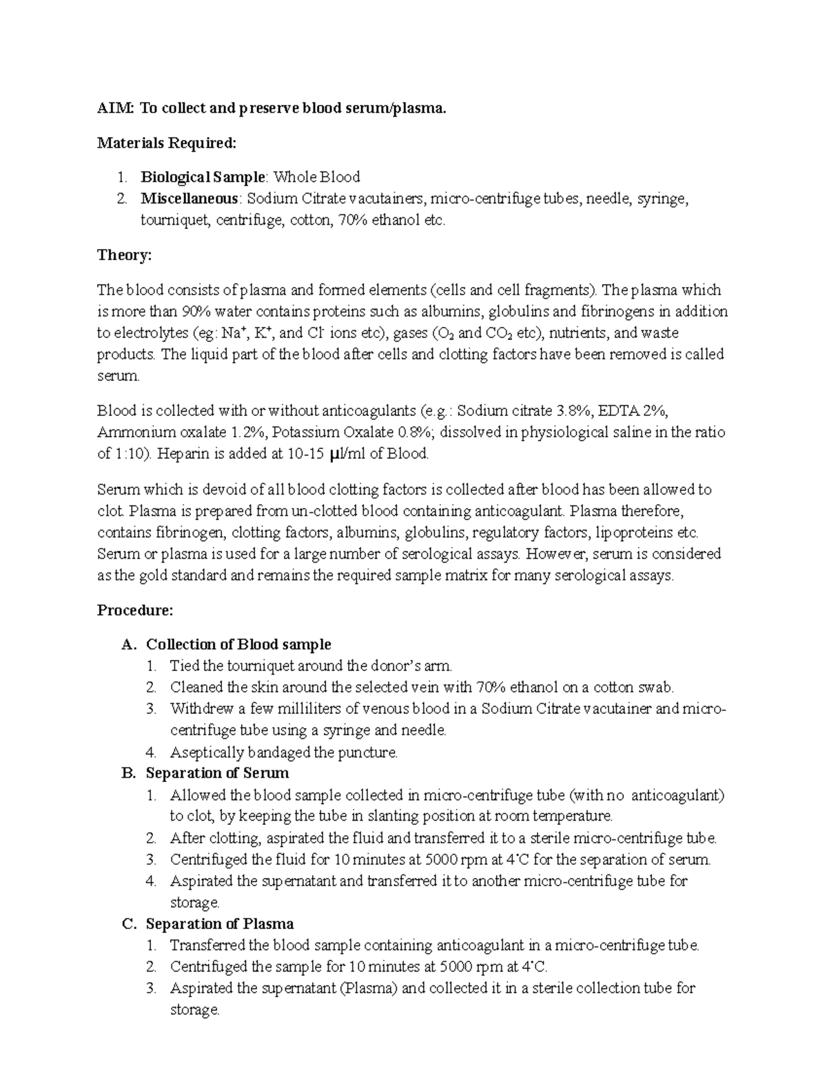 Separation of blood plasma and serum - AIM: To collect and preserve ...